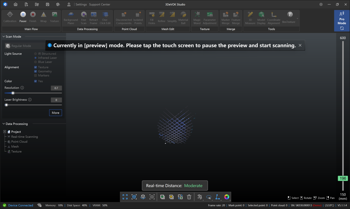 In 3DeVOK Studio scanning software, what is the scan preview mode? - 3DeVOK